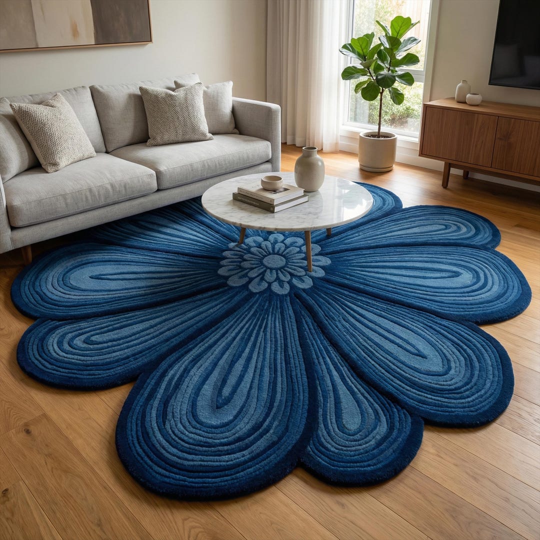 Blue Irregular Floral Wool Rug, Hand Tufted Petal Flower Area Rugs for ...