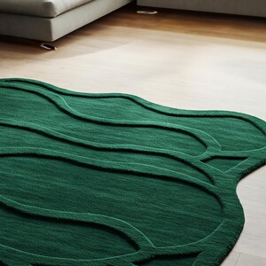 Deep Emerald Green Irregular Shape Hand Tufted Abstract Wool Rug for ...
