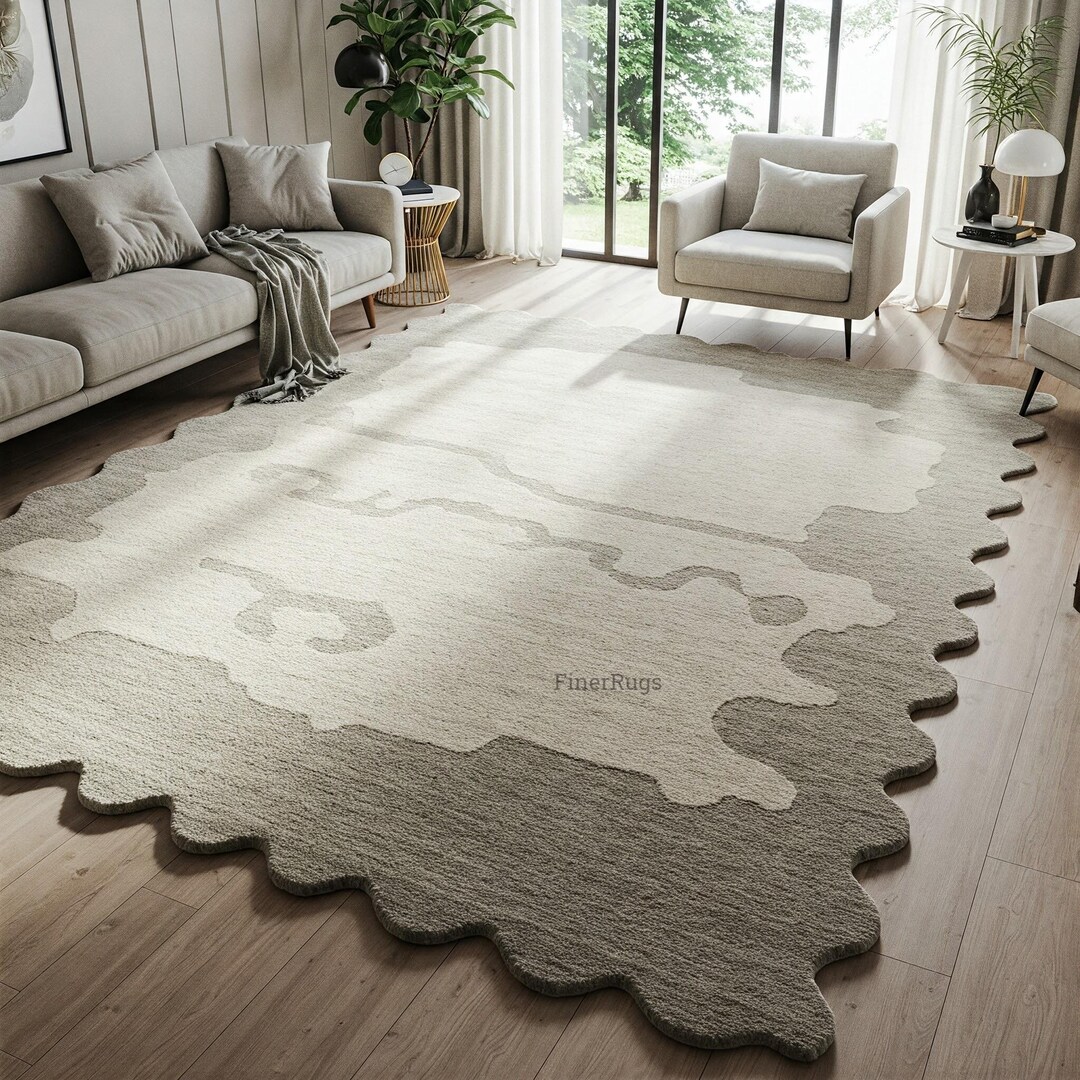 Modern Beige Gray Scalloped Edge Hand Tufted Irregular Wool Rugs for ...