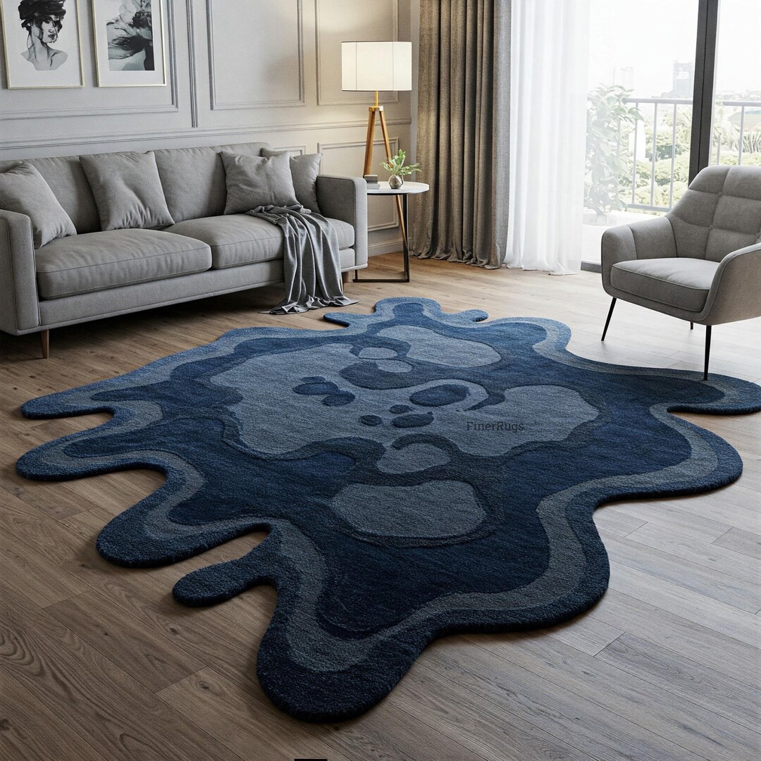 Deep Blue Irregular Amoeba Shape Hand Tufted Modern Wool Area Rugs for ...