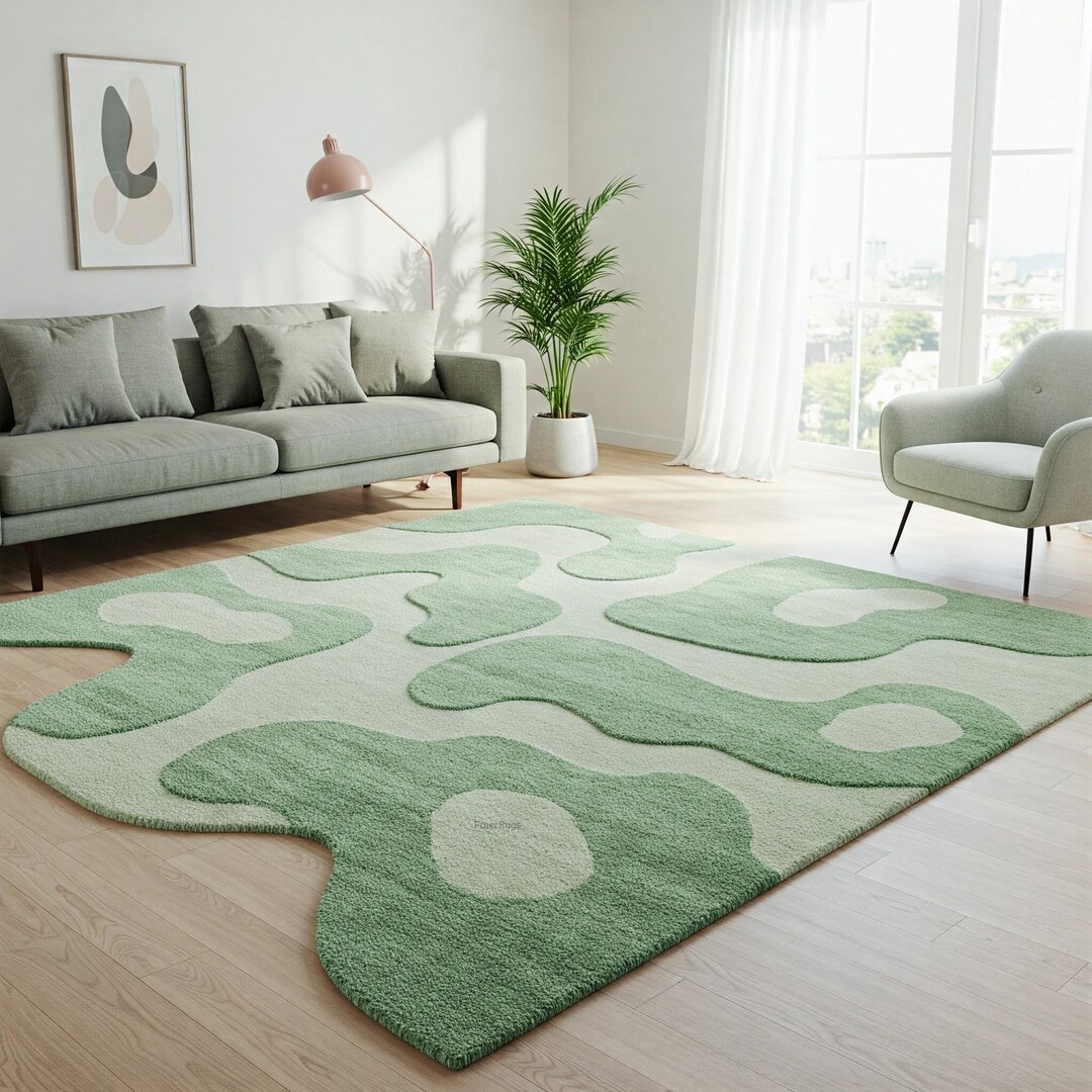 Abstract Pastel Green Irregular Shape Hand Tufted Amoeba Wool Rug for ...