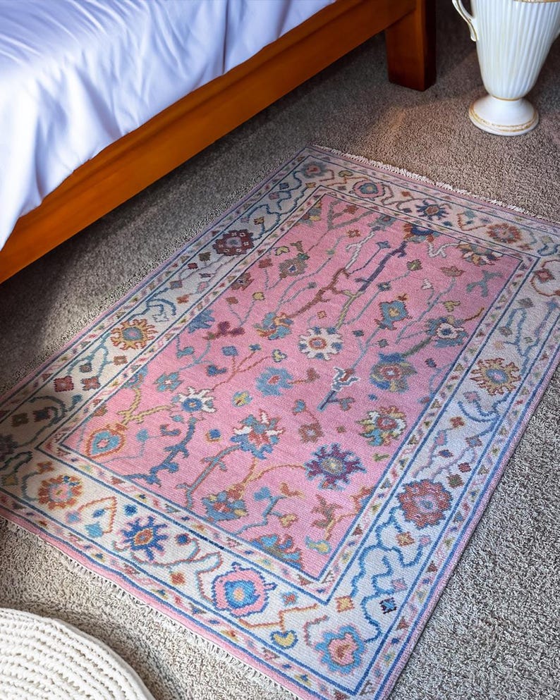 Pink Handmade 8x10 Oushak Rug for Bedroom and Living Room, Pink ...