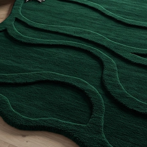 Deep Emerald Green Irregular Shape Hand Tufted Abstract Wool Rug for ...