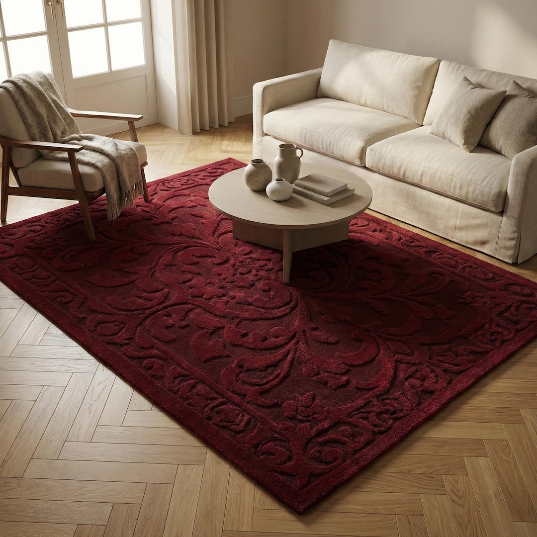 Deep Wine Red Hand Tufted Rug, Floral Medallion Wool Area Rugs for ...