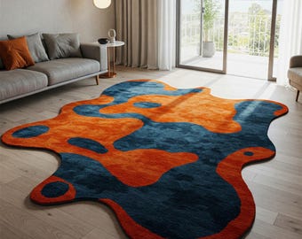 Teal Blue Irregular Shape Modern Brunt Orange Beige Hand Tufted Wool ...