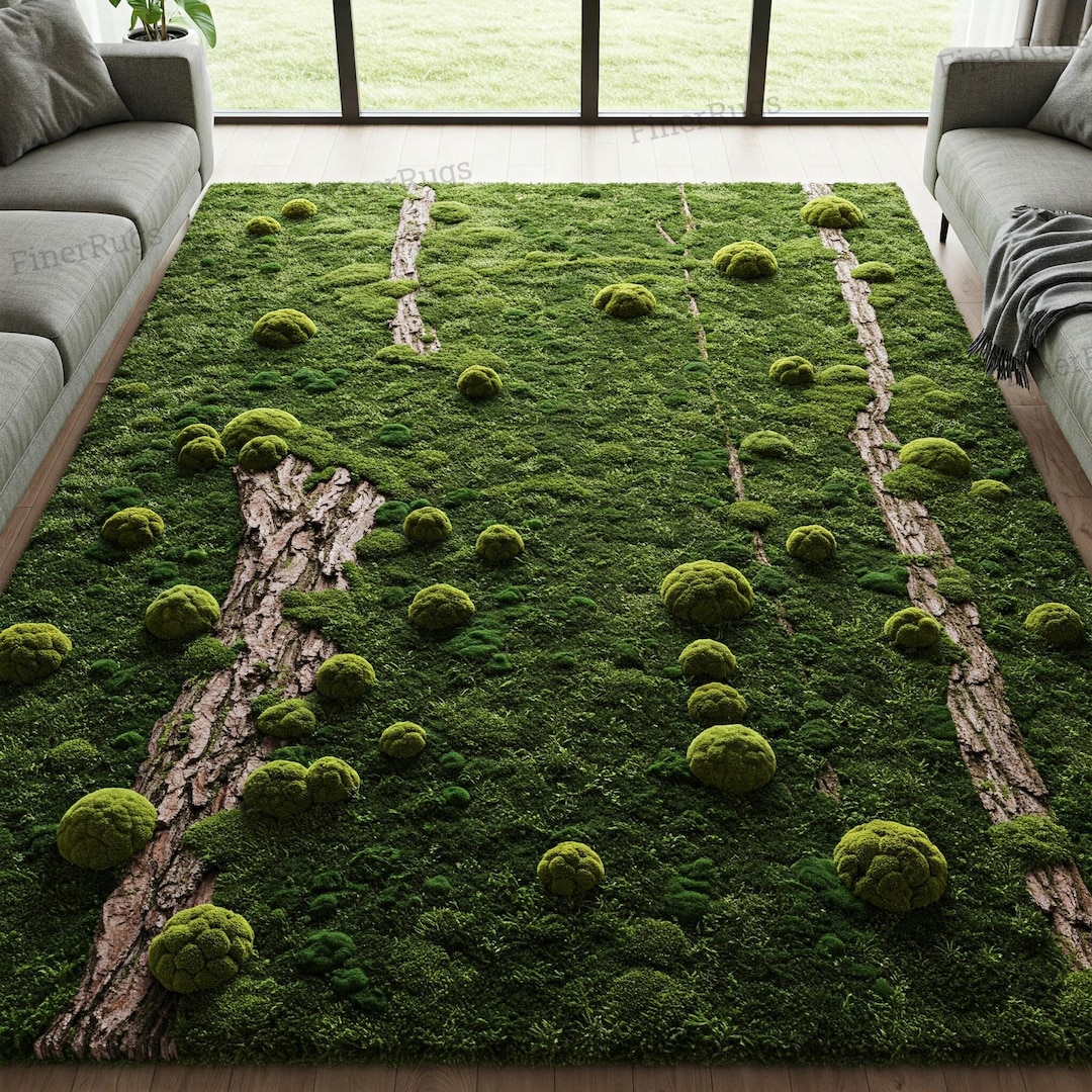 Deep Green Forest Moss Ball Design Hand Tufted Tree Trunk Silk and Wool ...