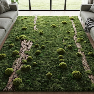 Deep Green Forest Moss Ball Design Hand Tufted Tree Trunk Silk and Wool ...