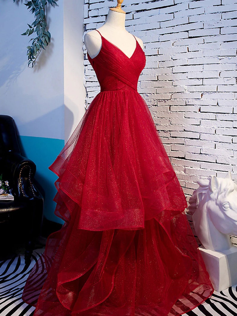 Red Prom Gown V Neck Evening Dress A-line Floor-length Evening Dress ...
