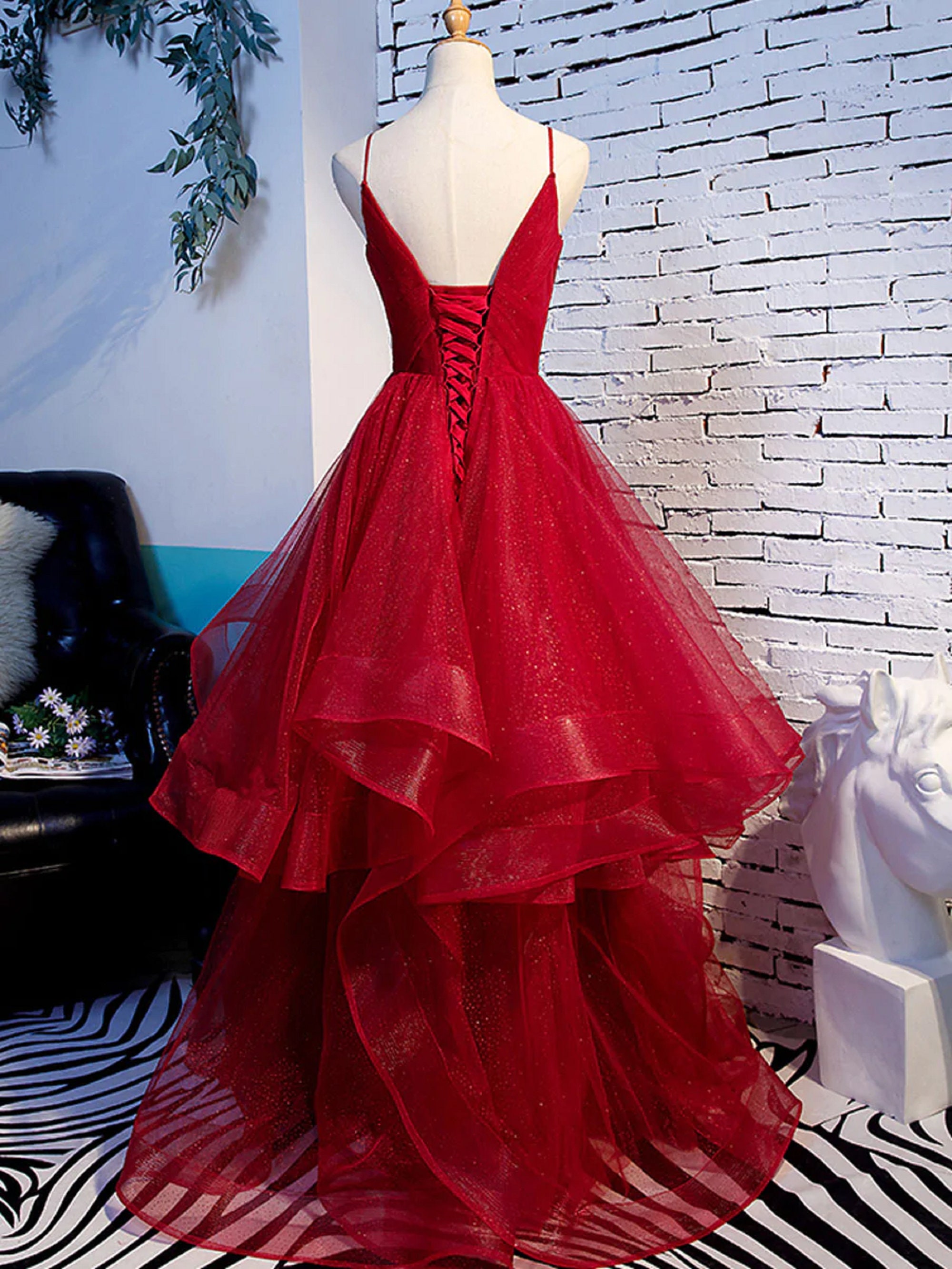 Red Prom Gown V Neck Evening Dress A-line Floor-length Evening Dress ...