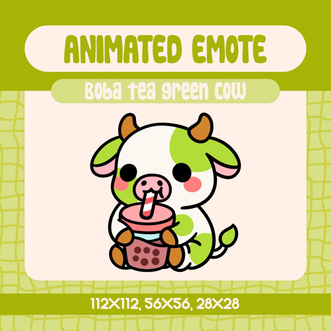 Kawaii Boba Tea Green Cow Animated Emote for Twitch and Discord, Cute ...
