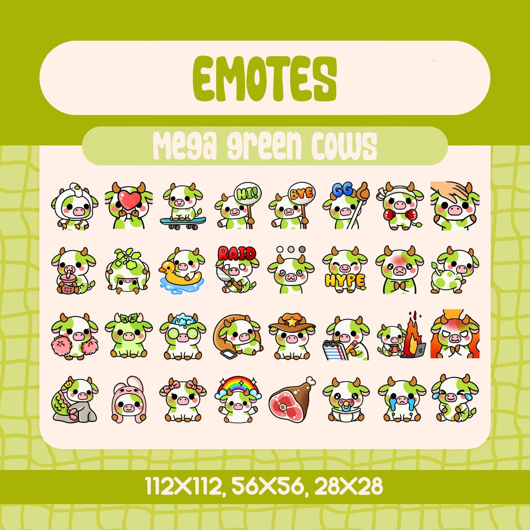 Kawaii Green Cow Twitch Emotes, Cozy Reactions, Food Signs (digital ...