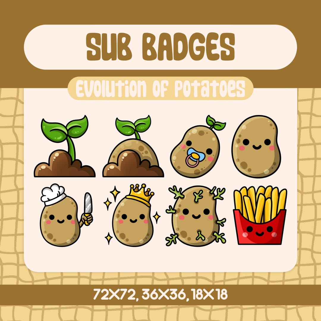 Kawaii Evolution of Potatoes Sub Badges for Twitch and Discord, Food Potato to Fries Badge Set ...