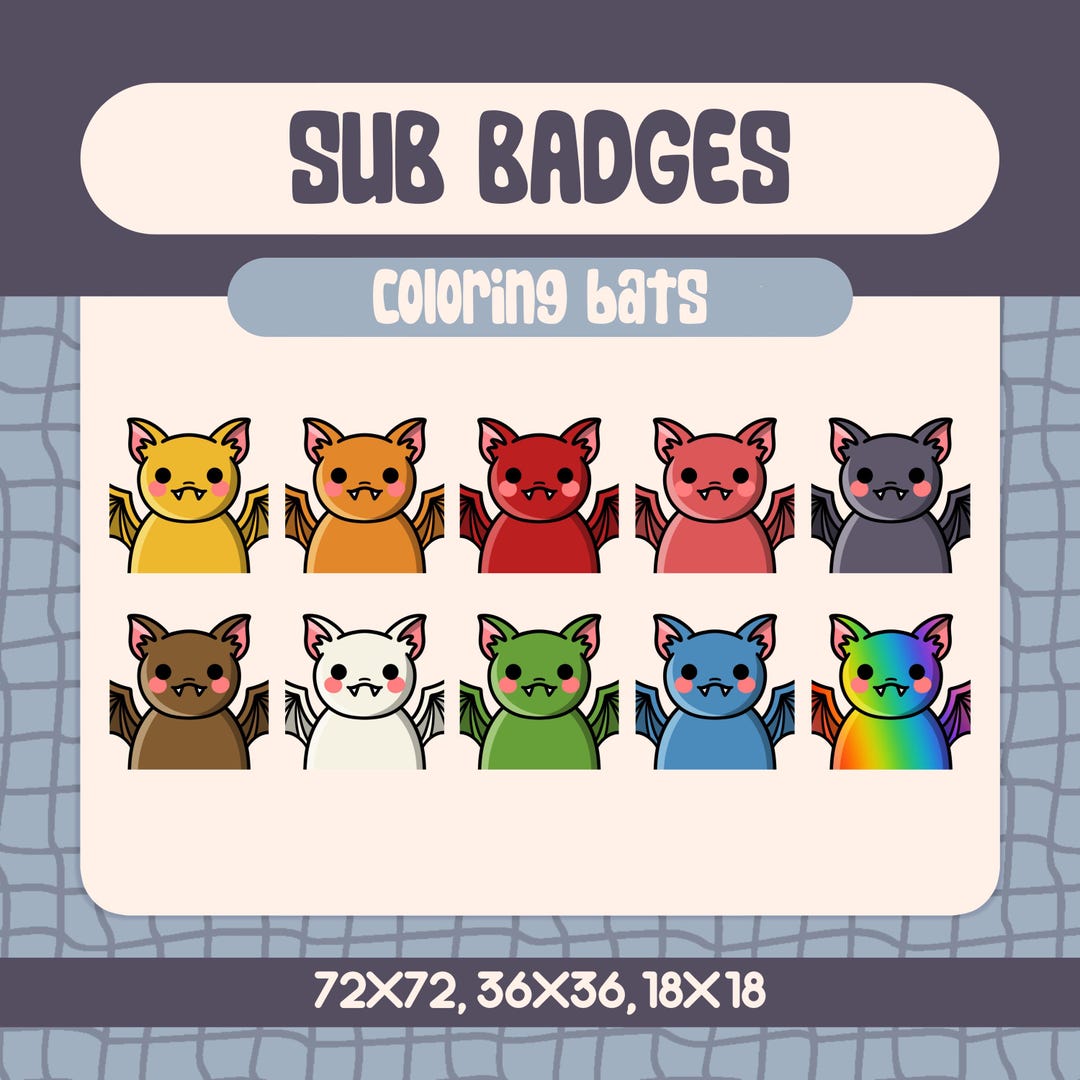 Kawaii Coloring Bats Sub Badges for Twitch Streamers (digital Download ...