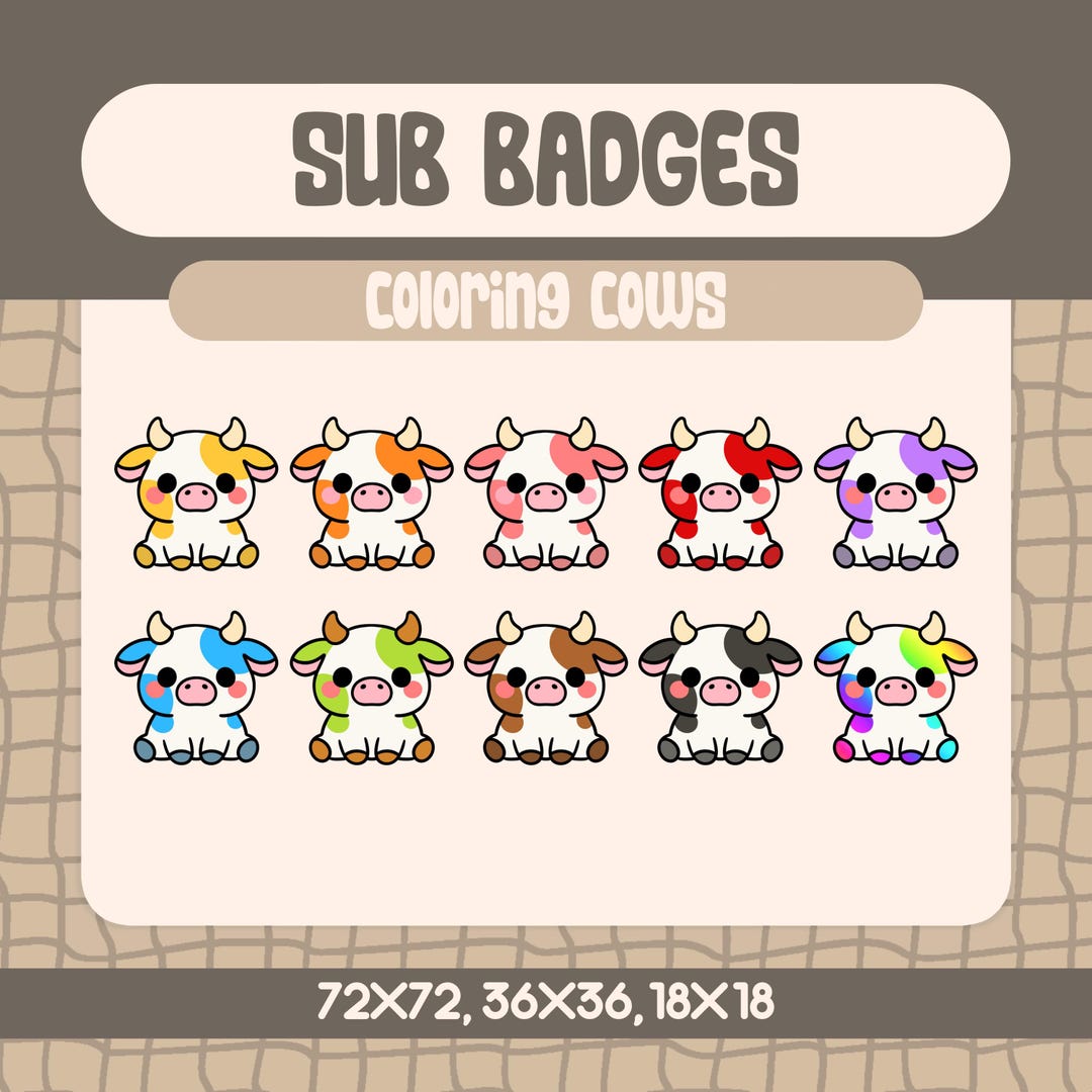 Kawaii Coloring Cow Sub Badges for Twitch Streamers (digital Download ...