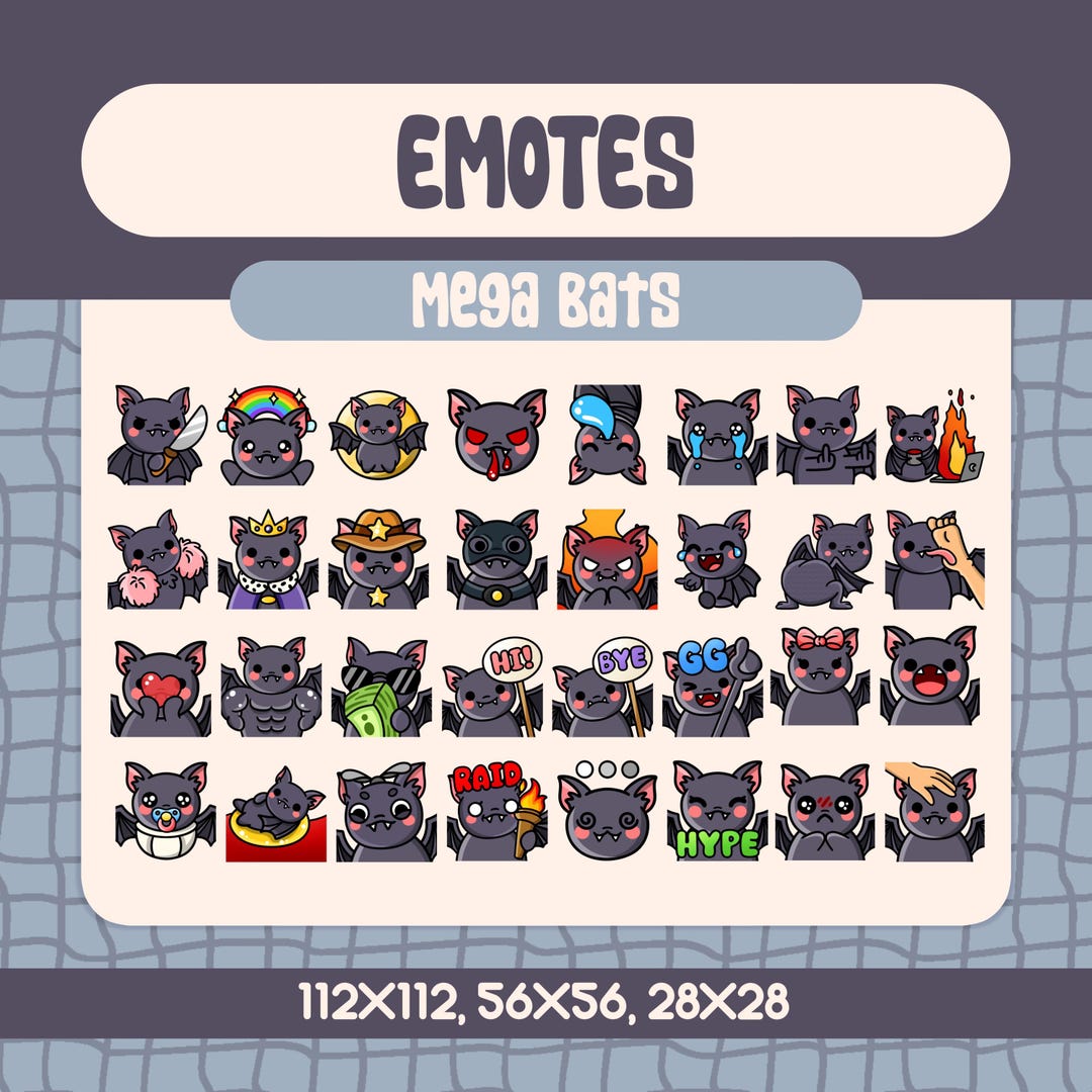 32 Mega Bat Emote Pack for Twitch and Discord, Kawaii Vampire Bats for ...