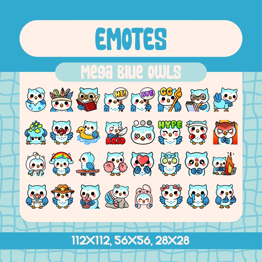 32 Kawaii Blue Owl Emotes for Twitch and Discord, Cute Bird Emote Set ...