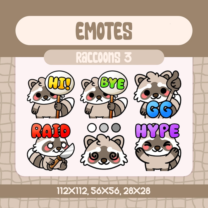 6 Kawaii Raccoon Emotes Pack for Twitch and Discord, Cute Reaction Set ...