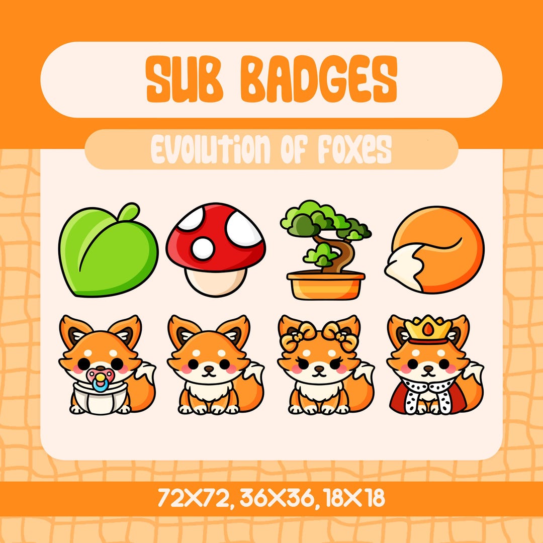 Kawaii Fox Evolution Twitch Sub Badges, Forest Animal Set (digital ...