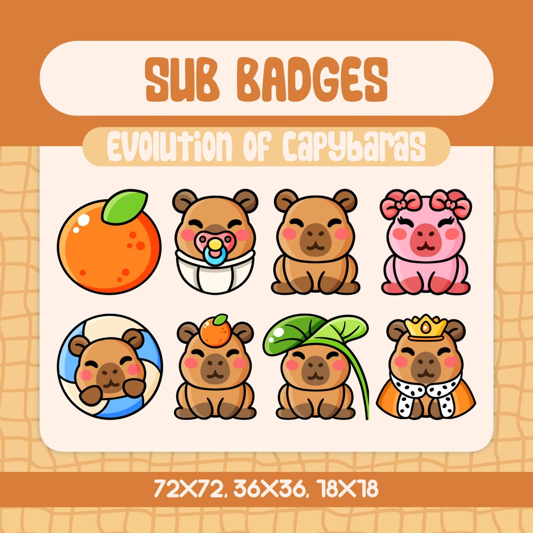 Kawaii Capybara Evolution Twitch Sub Badges, Cute Growth Badge Set ...