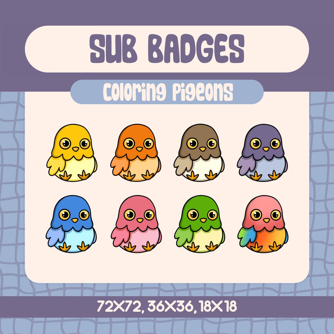 Kawaii Coloring Pigeon Sub Badges for Twitch, Cute Colorful Bird Badges ...