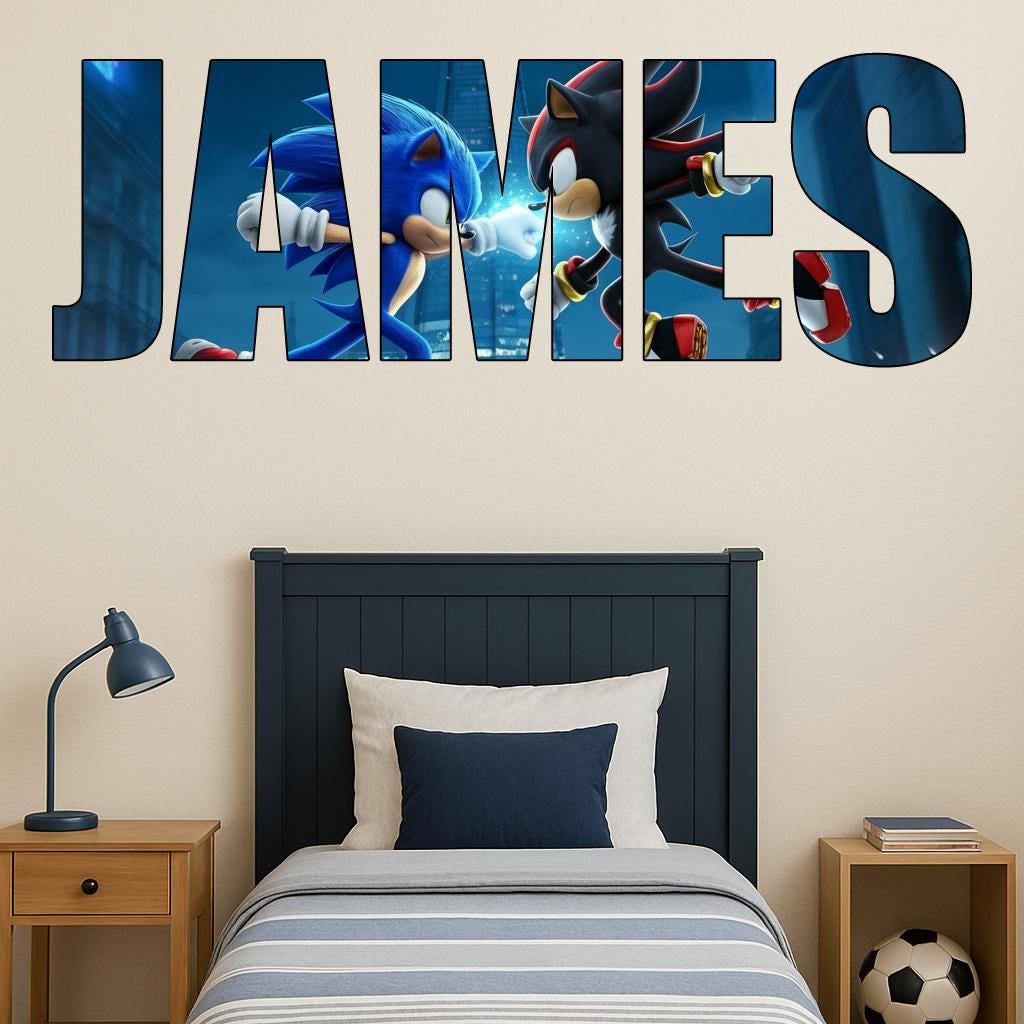 Kids Personalised Name Sticker SONIC SHADOW Bedroom Wall Decal Boys ...