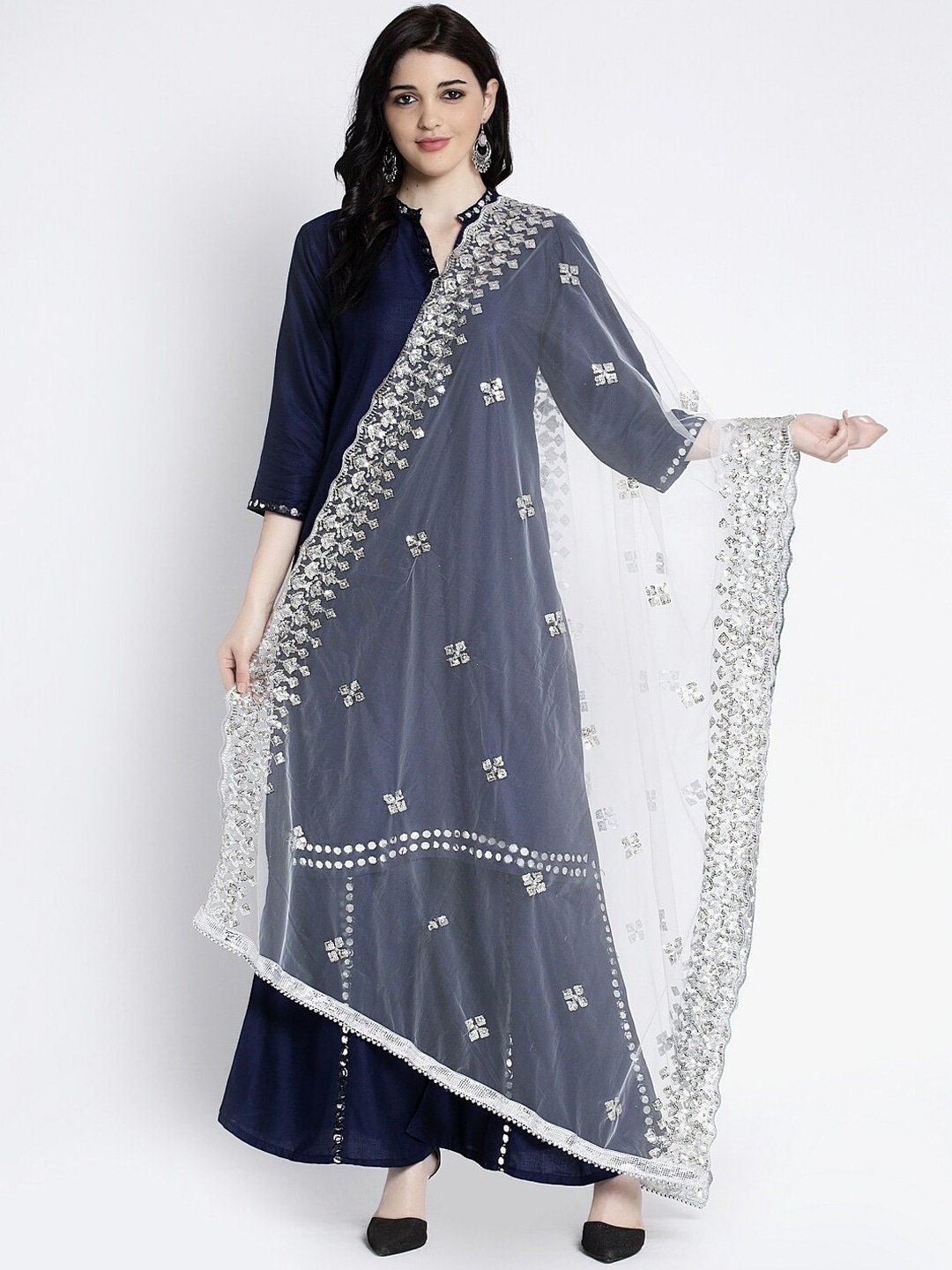 Women Silver & White Toned Embroidered Dupatta Net - Etsy