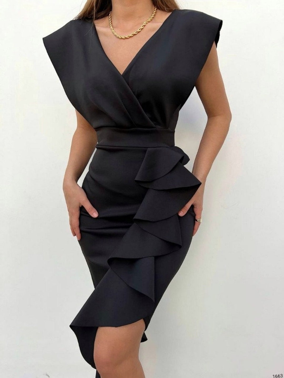 Black Midi Cocktail Dress Women Bridesmaid Dress Formal Wedding Midi Belted Dress Woman