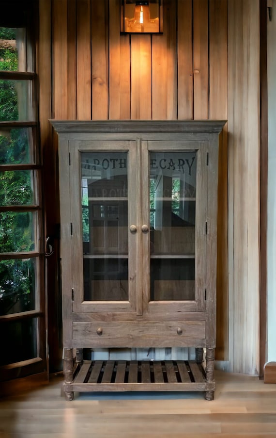 Solid Wood Glass Door Apothecary Kitchen Display Bathroom Linen Storage Cabinet Pie Safe Open Bottom Shelf Etsy