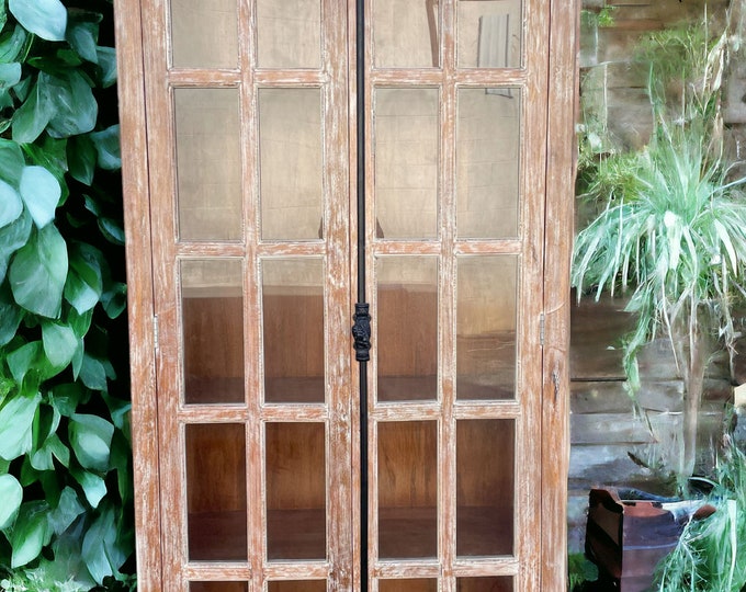 Tall Library Bookcase Display Cabinet Rustic Distressed 2 Glass Door - Etsy
