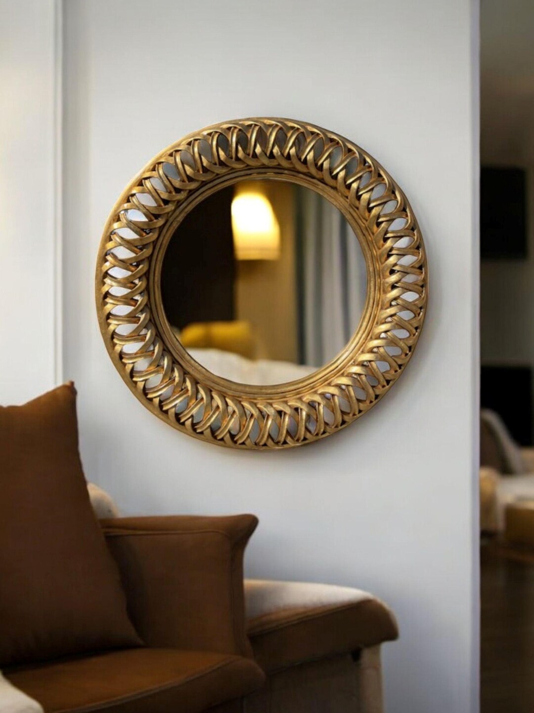 Round Modern Gold Large Accent Hanging Wall Mirror Entryway Bedroom ...