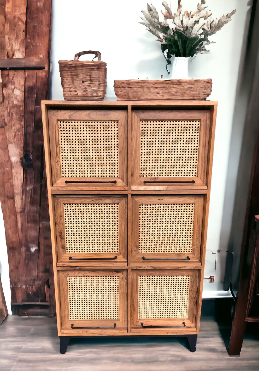 Coastal Tall Wooden Teak Wall Cabinet Linen Kitchen Den Modern Storage ...