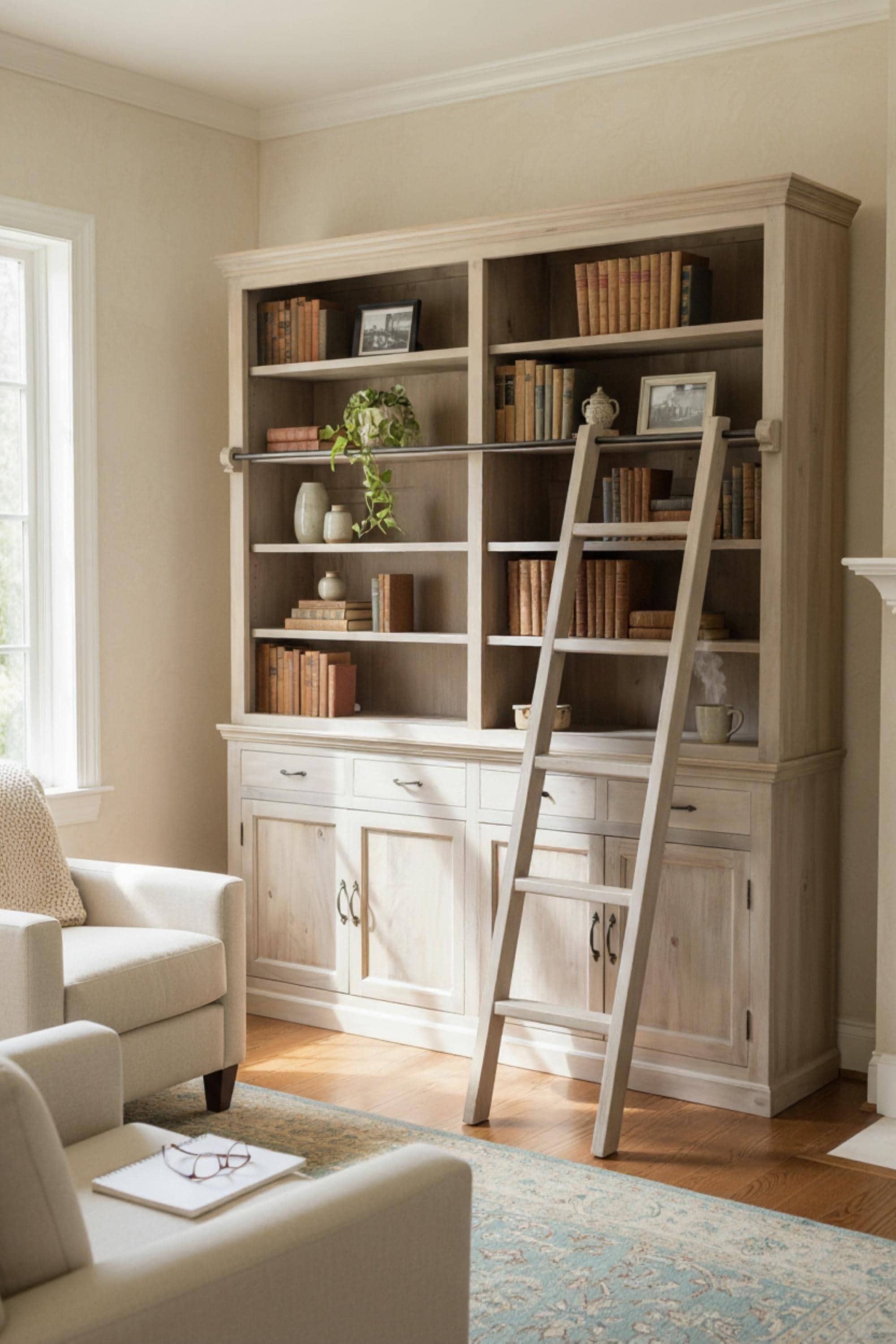 Tall Library Bookcase Hutch Display Cabinet With Ladder Farmhouse 4 ...
