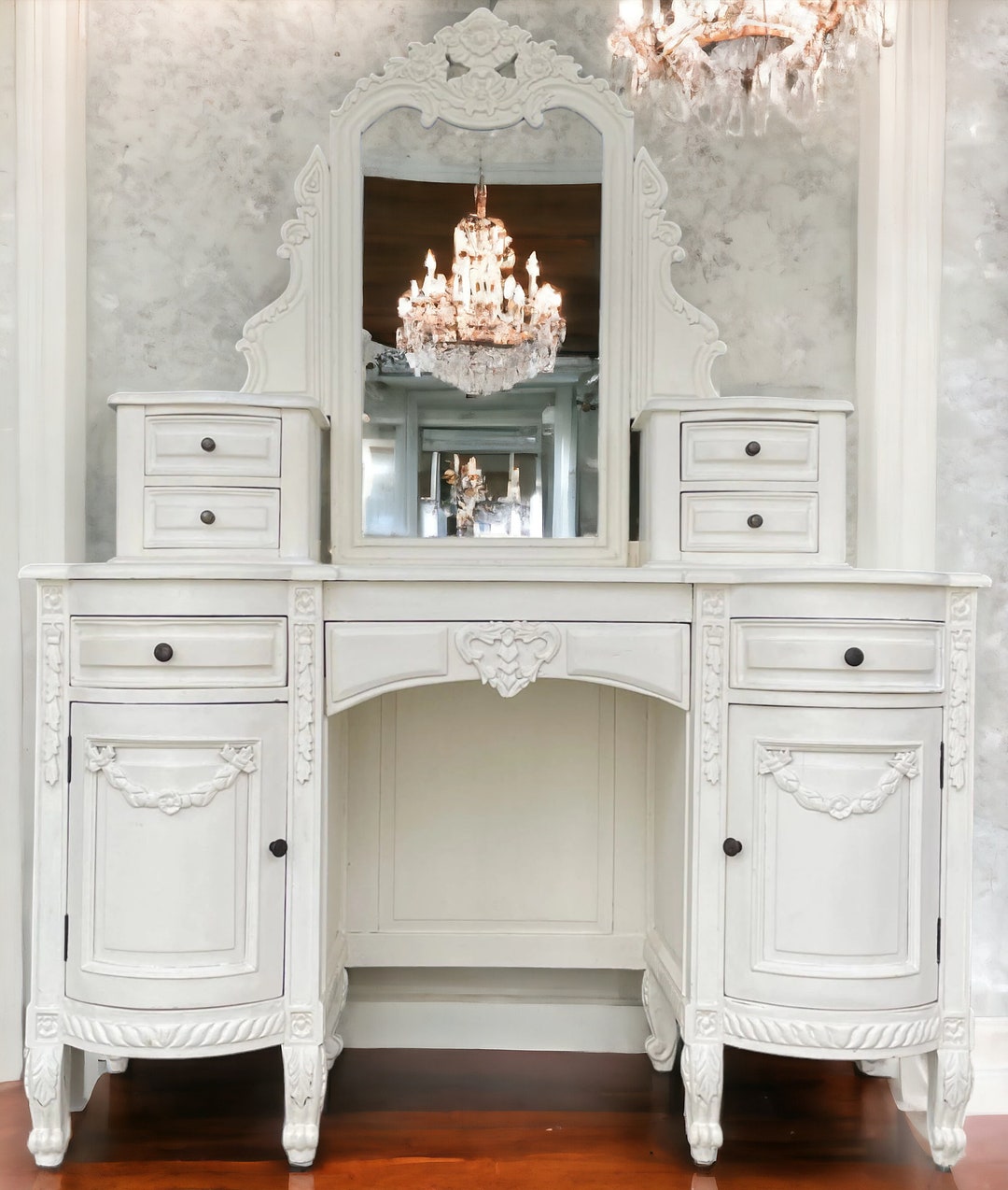 Hand Carved French Country Vanity Shabby Chic Mirrored Dressing Makeup ...