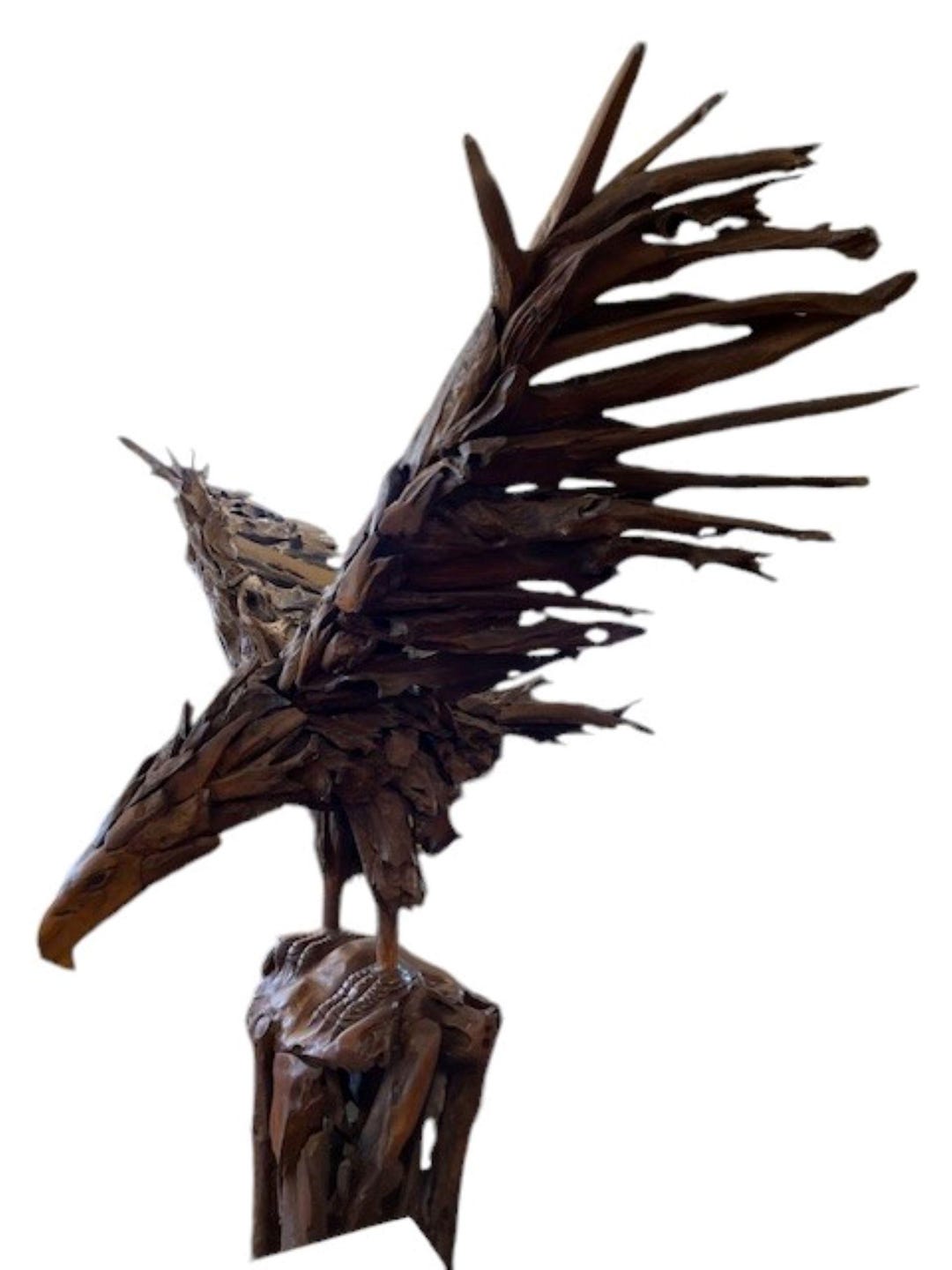 Tall Natural Teak Wood Sculpture Flying American Eagle on Stump ...