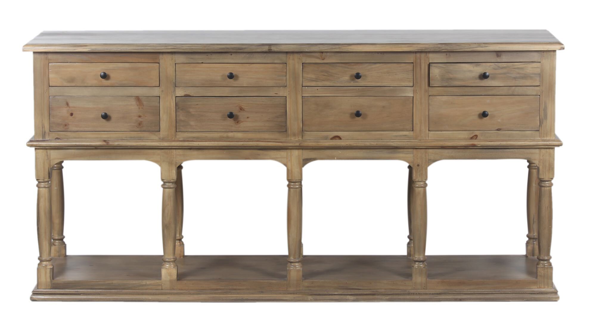 Rustic Farmhouse Open Bottom Shelf Console Table Sideboard 8 Drawers ...