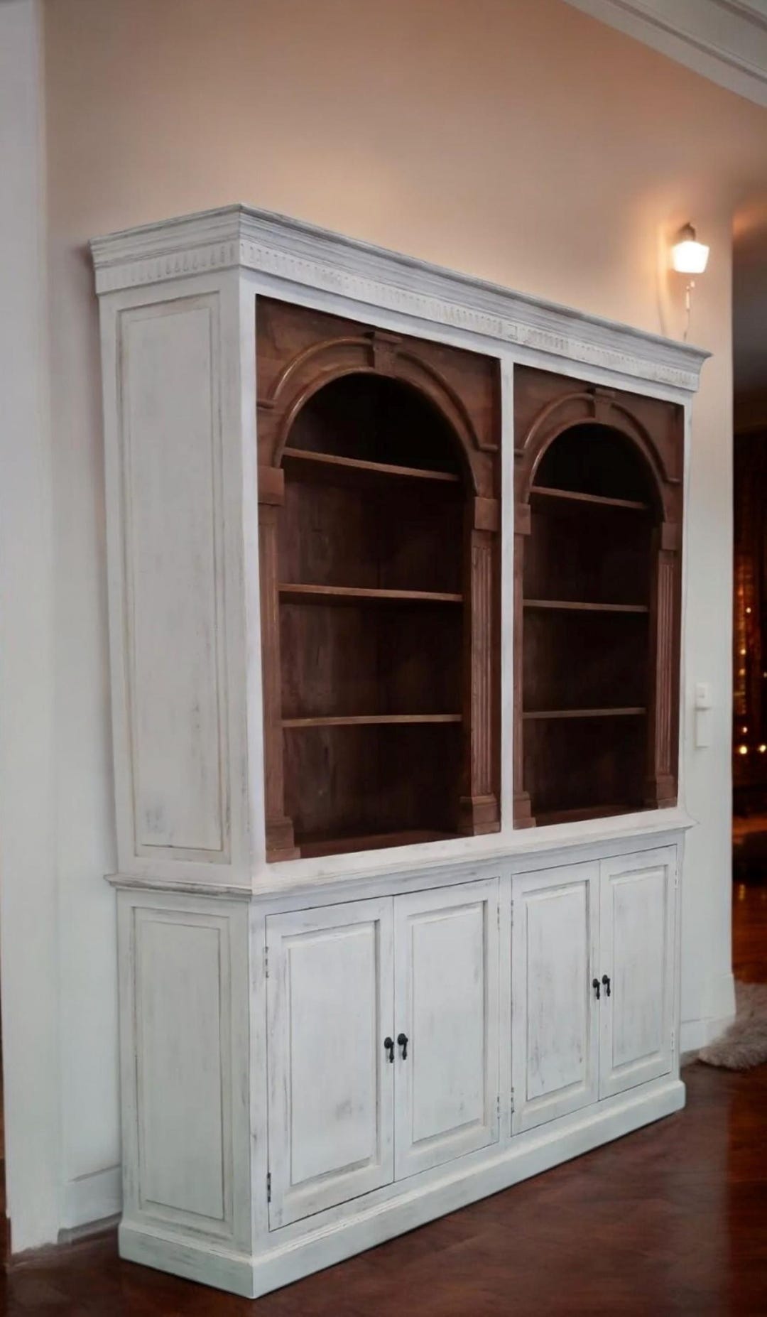 Double Roman Library Arched Open Shelf Bookcase 2 Peice Hutch Kitchen ...
