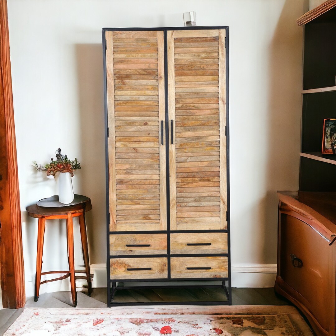 Modern Industrial Iron Base Wardrobe Hand Carved Tall Kitchen Linen ...