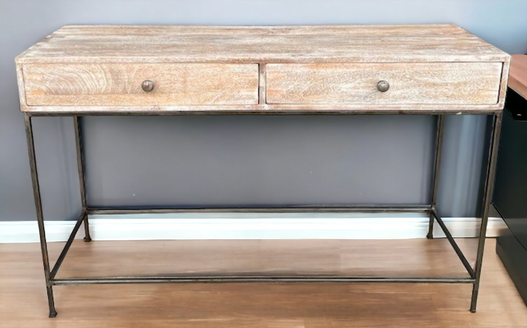 2 Drawer Iron & Solid Wood Desk Console Table Home Office Dorm ...