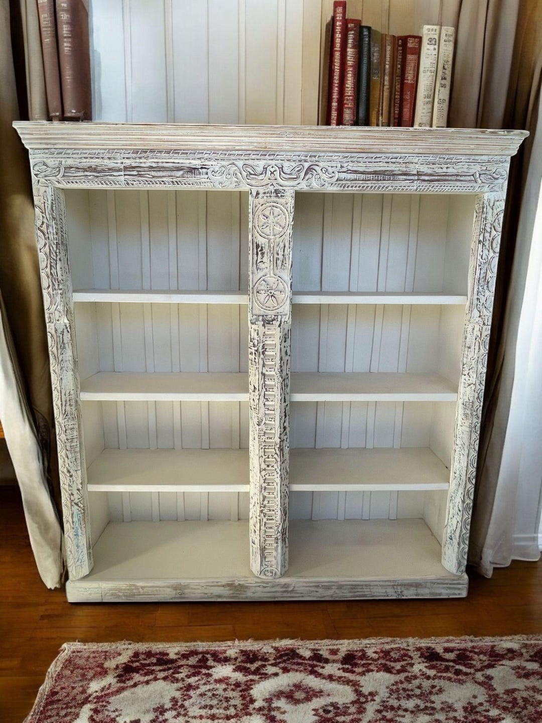 Large Open Shelf Distressed Hand Carved Storage Tall Pillar Wide ...