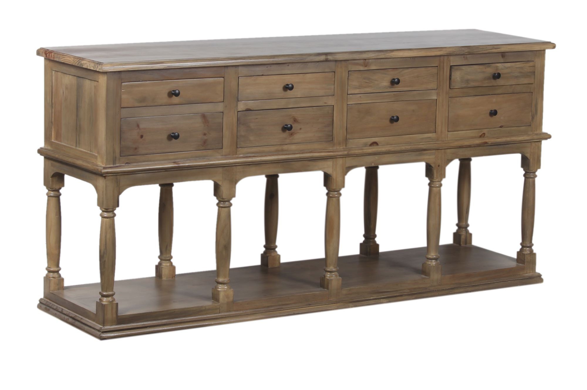 Rustic Farmhouse Open Bottom Shelf Console Table Sideboard 8 Drawers ...