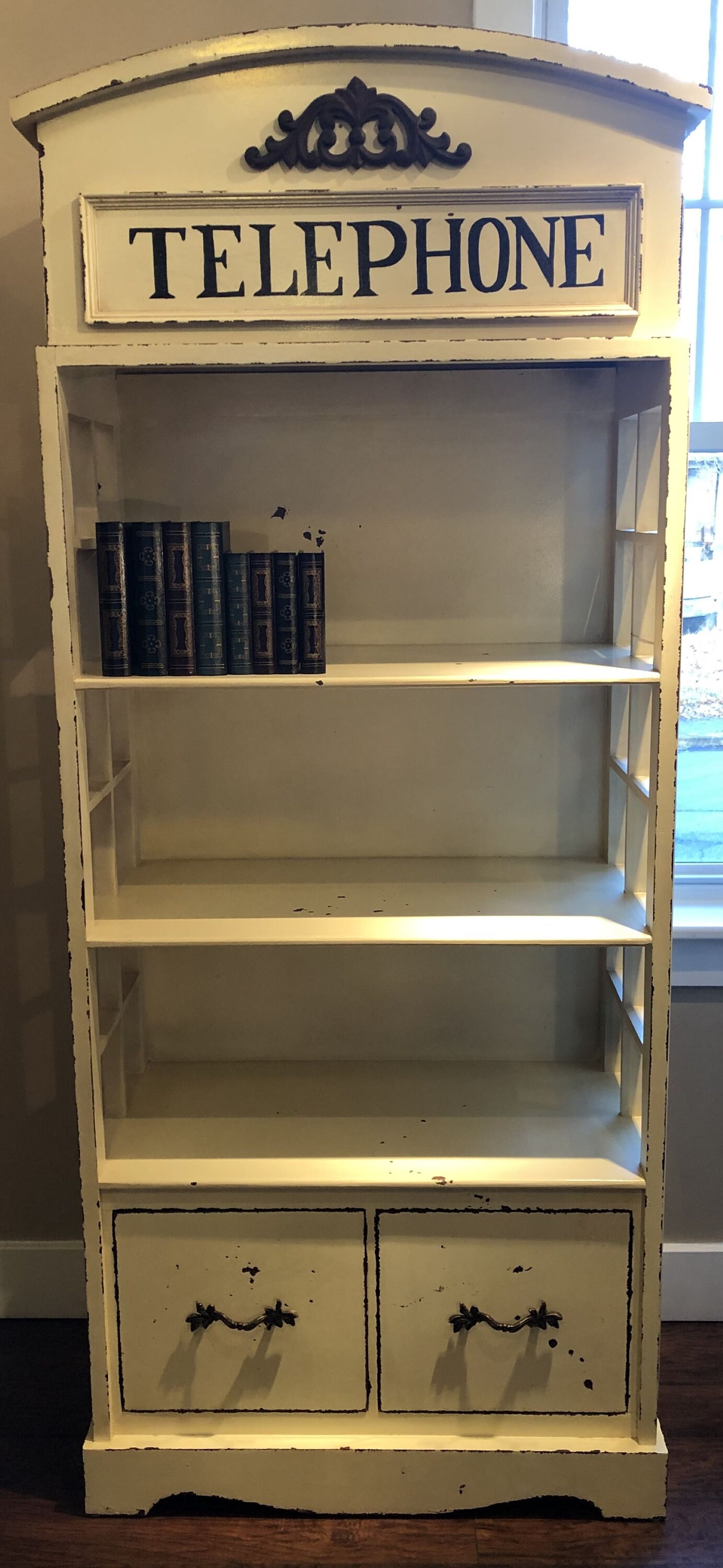 Distressed White Tall Novelty Telephone Phone Booth Open Shelf Bookcase ...