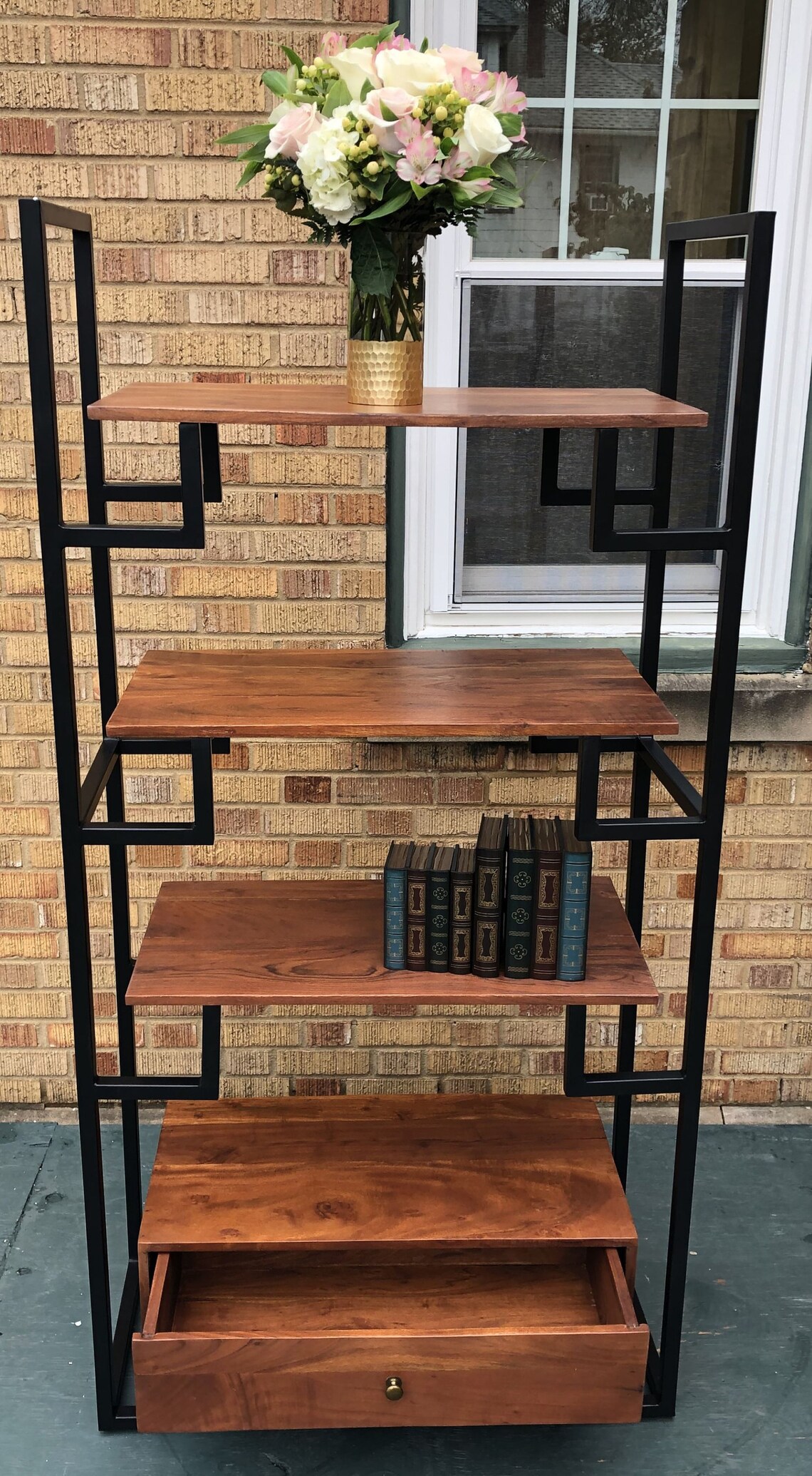 4 Tier Black and Natural Industrial Bookshelf Open Shelf Display Solid ...