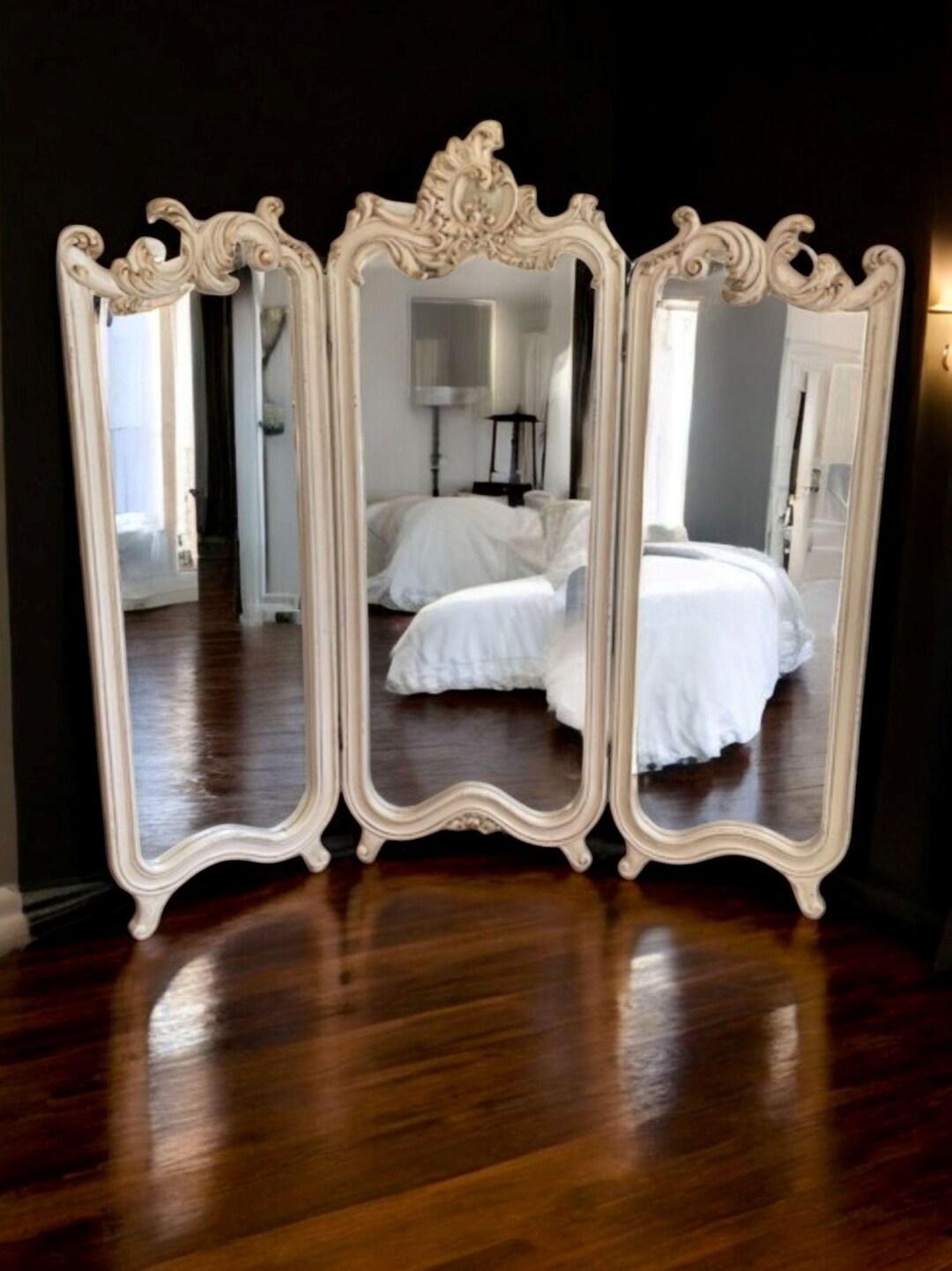 French Country Free Standing Full Body Length Triple Distressed White ...