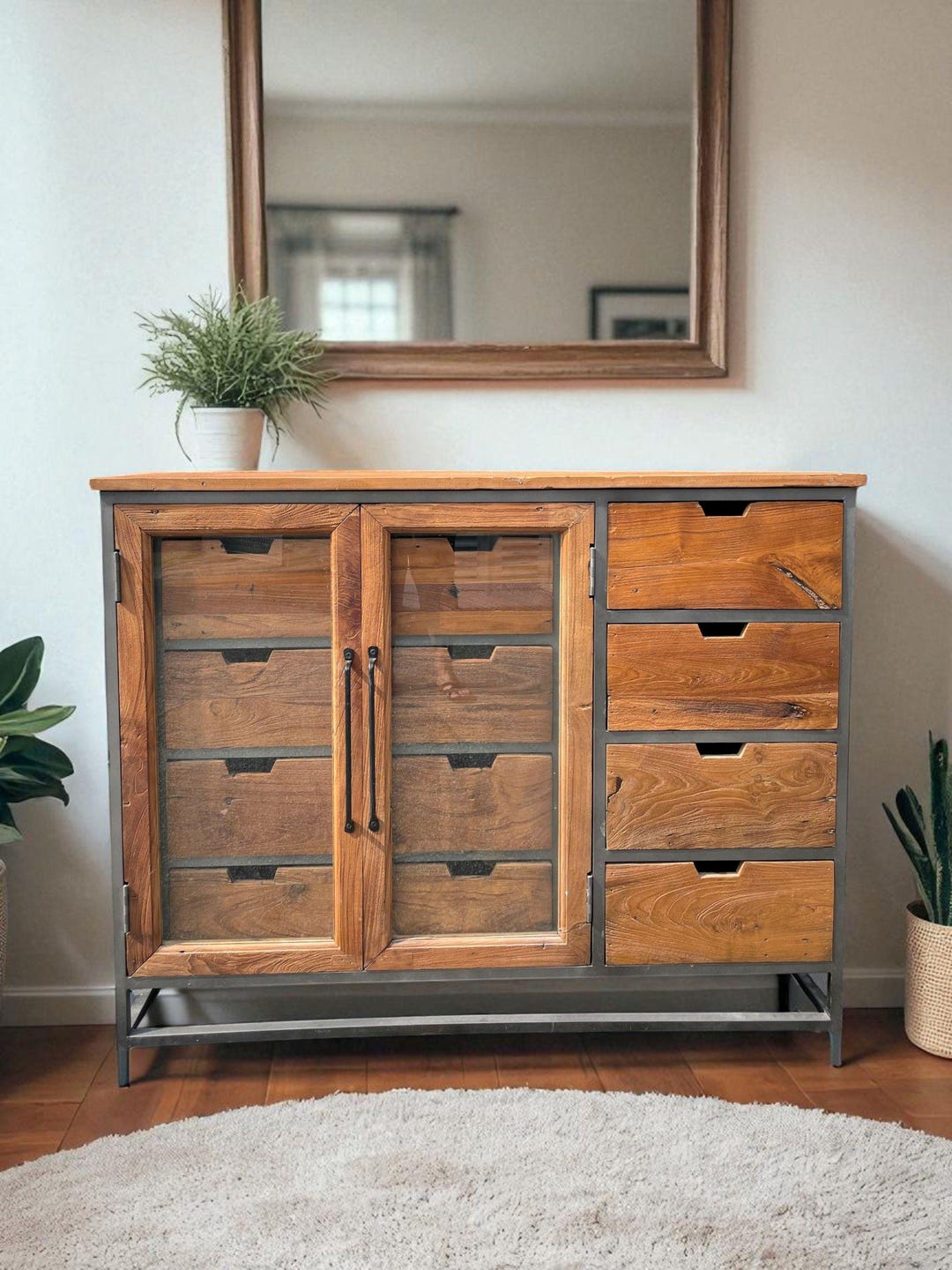 Teak Steam Punk Industrial 8 Drawer Rustic Pull Drawers 2 Glass Drawers ...