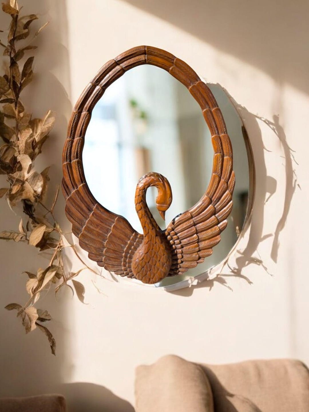 Hand Carved Solid Wood Mahogany Swan Hanging Wall Decor Accent Mirror ...