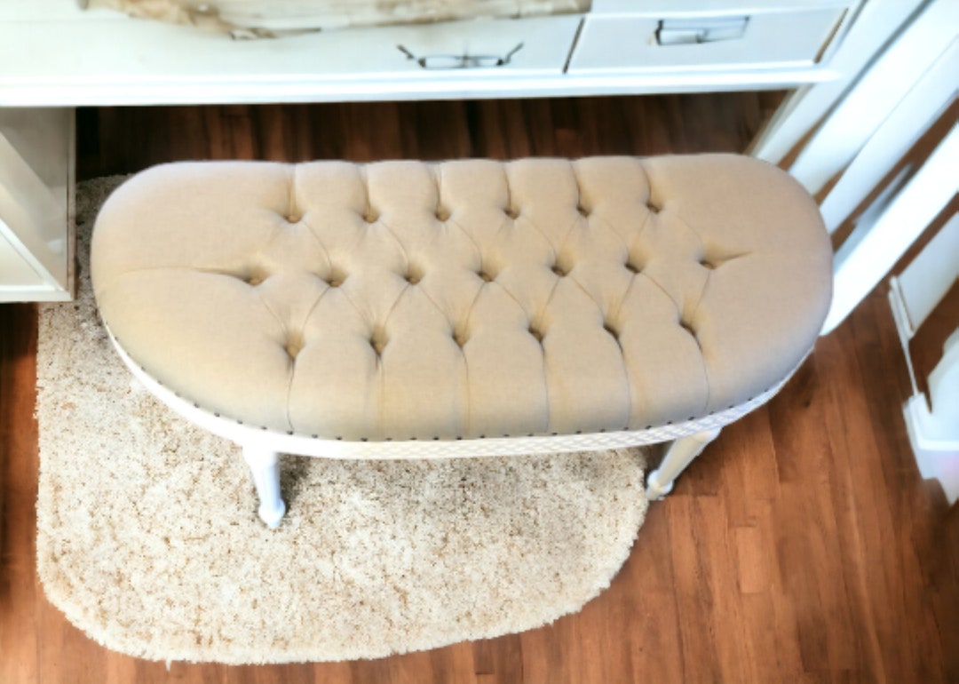 French Tufted Linen Bench: Unique Kidney Shape, Upholstered Design - Etsy