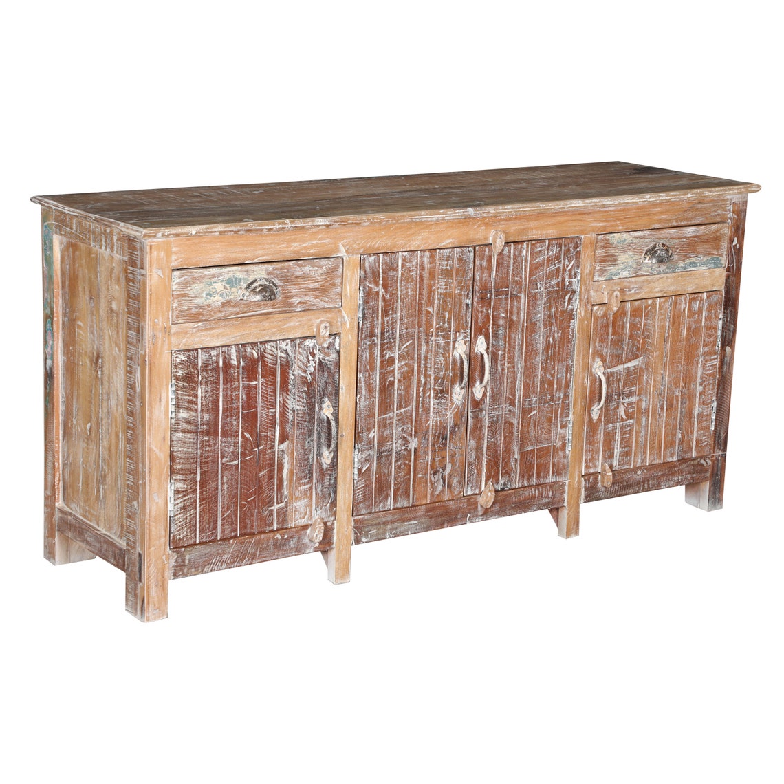Rustic Distressed Wood Sideboard 4 Door 2 Drawer Buffet Credenza ...