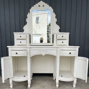 Hand Carved French Country Vanity Shabby Chic Mirrored Dressing Makeup ...