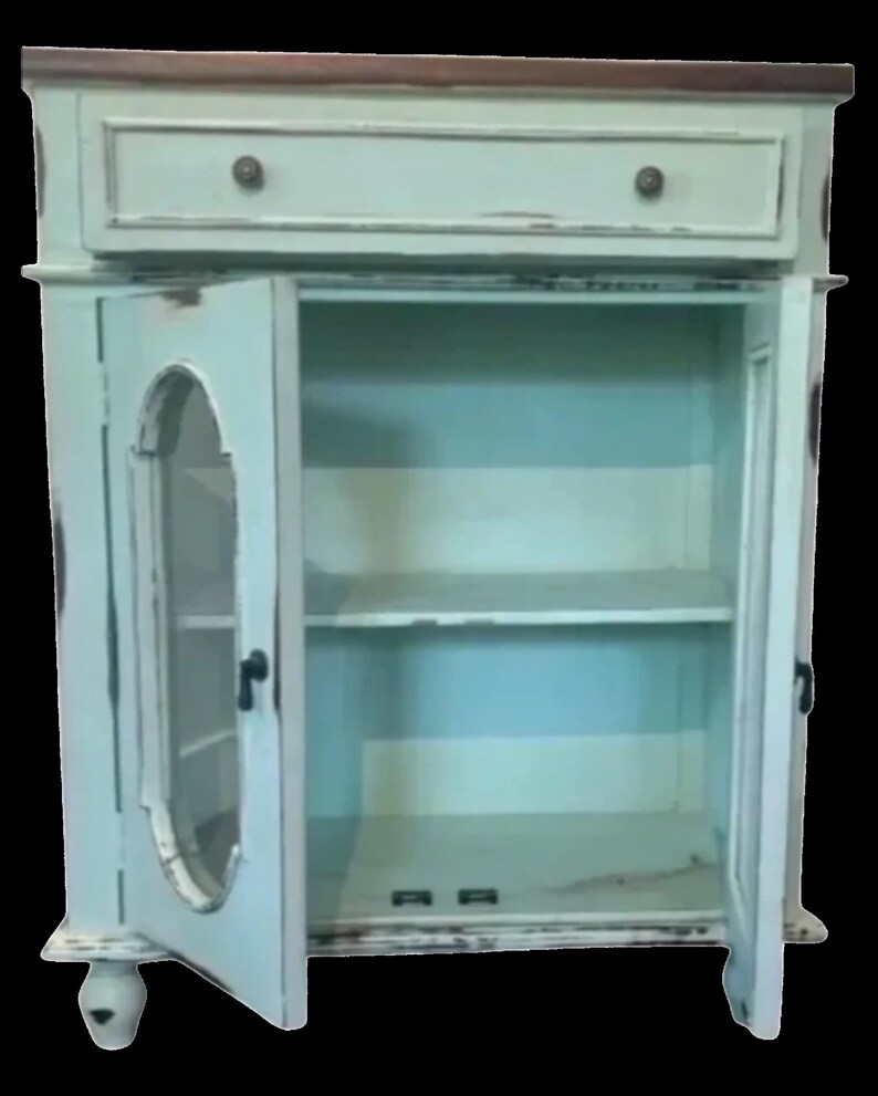 Country Farmhouse Glass Display Linen Kitchen Cabinet Beach House ...