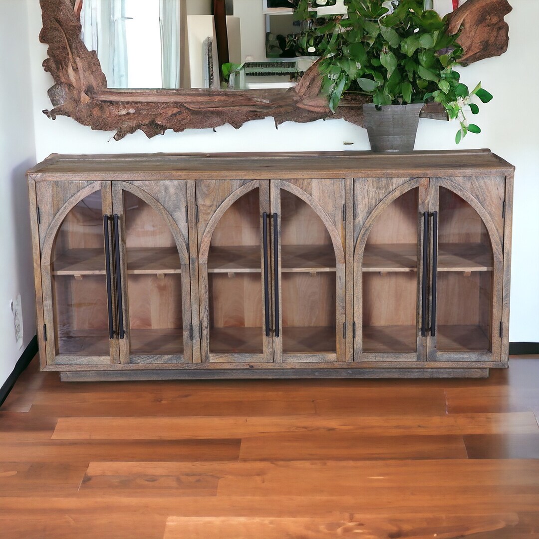 Midcentury 6 Door Cathedral Distressed Sideboard Credenza Buffet Server ...
